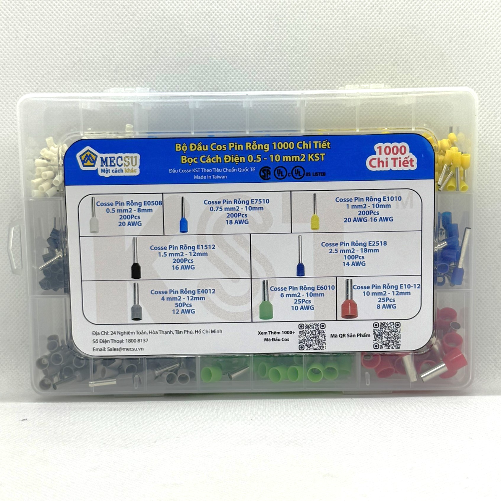 Bộ Đầu Cos Pin Rỗng 1000 Chi Tiết Bọc Cách Điện 0.5 - 10 mm2 KST | Mecsu.vn