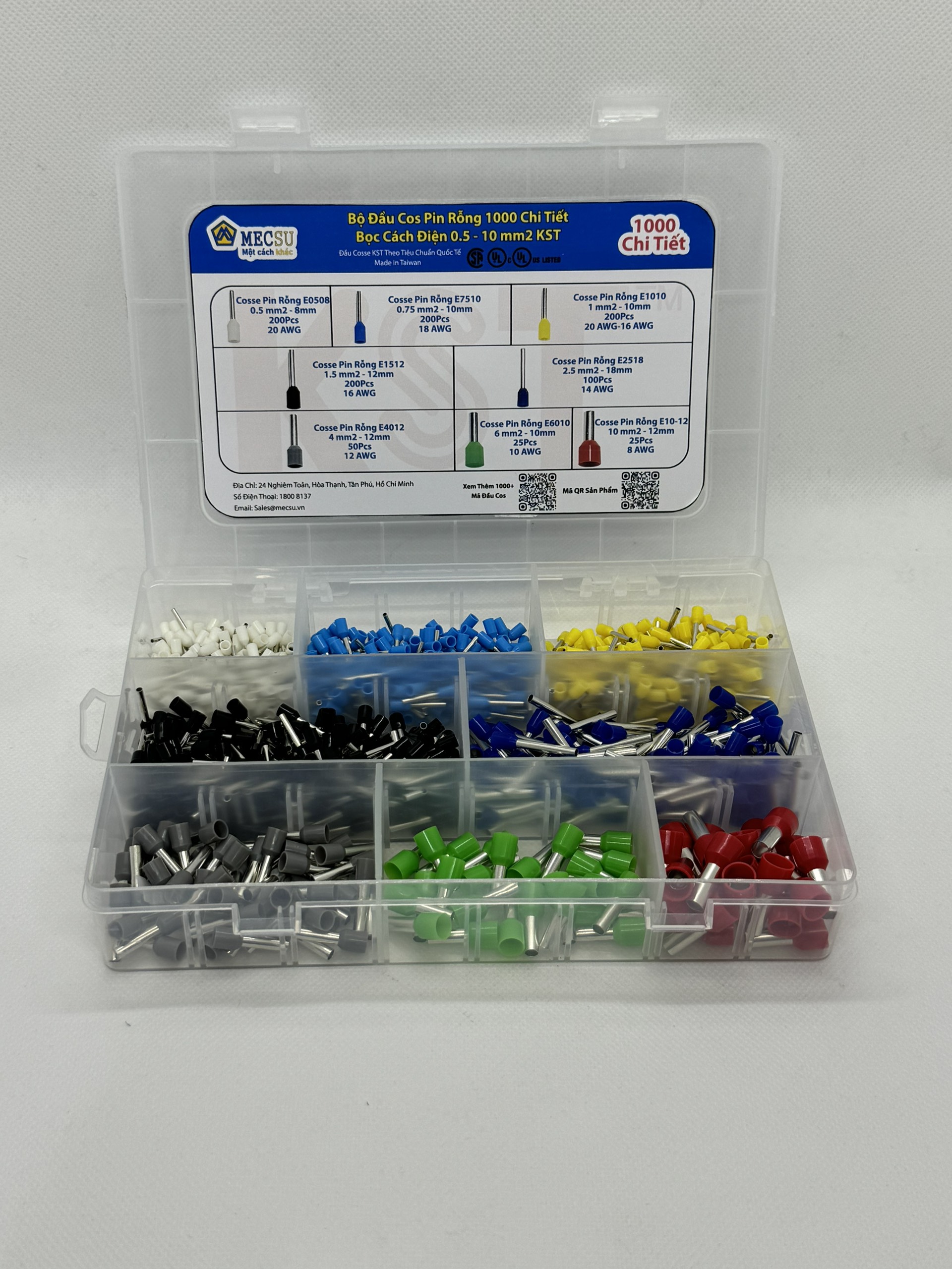 Bộ Đầu Cos Pin Rỗng 1000 Chi Tiết Bọc Cách Điện 0.5 - 10 mm2 KST | Mecsu.vn