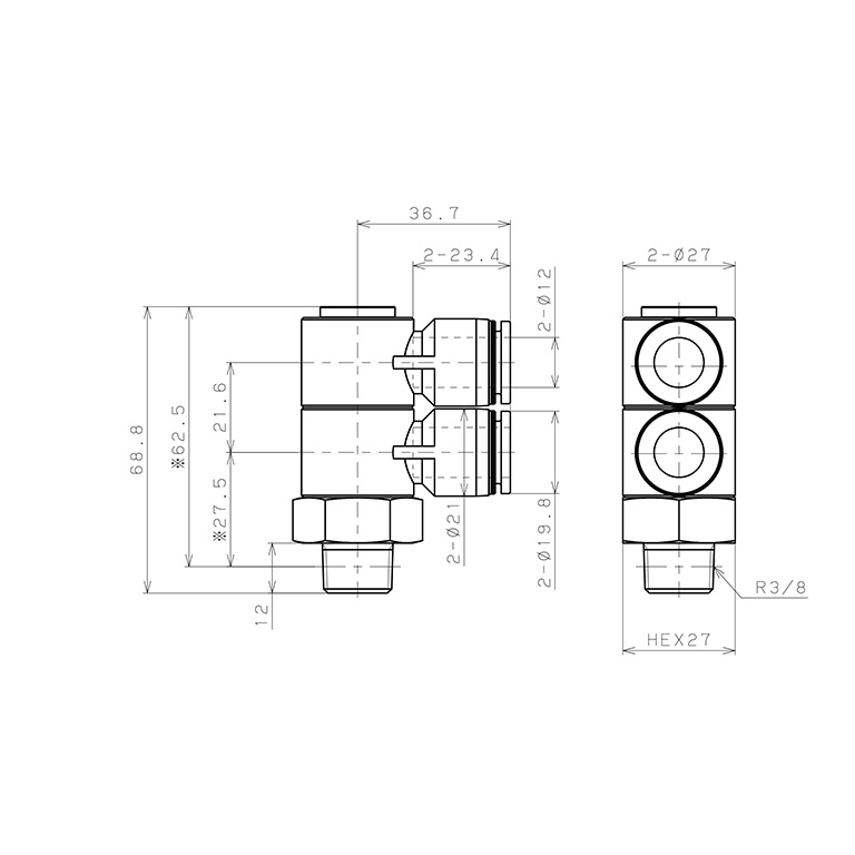 Đầu Nối Nhanh Khí Nén Hai Nhánh Cong 90° Thân Lục Giác Trụ Ren Ngoài Pisco PHW12-03-C | Mecsu.vn