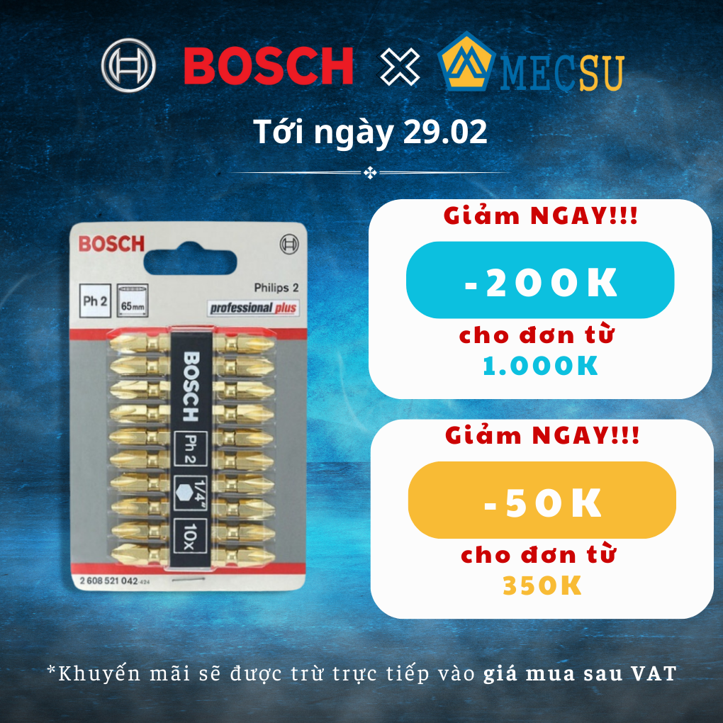 Mũi vít ngắn bộ 10 mũi PH2-65mm Bosch 2608521042 | Mecsu.vn